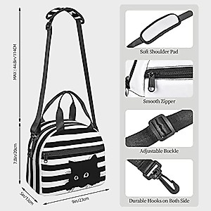 Cute Cat Black And White Striped Background Lunch Bag Funny Animal Kitten Reusable Insulated Lunch Tote Bag Lunchbox Container With Adjustable Shoulder Strap For Office Work School Picnic Travel