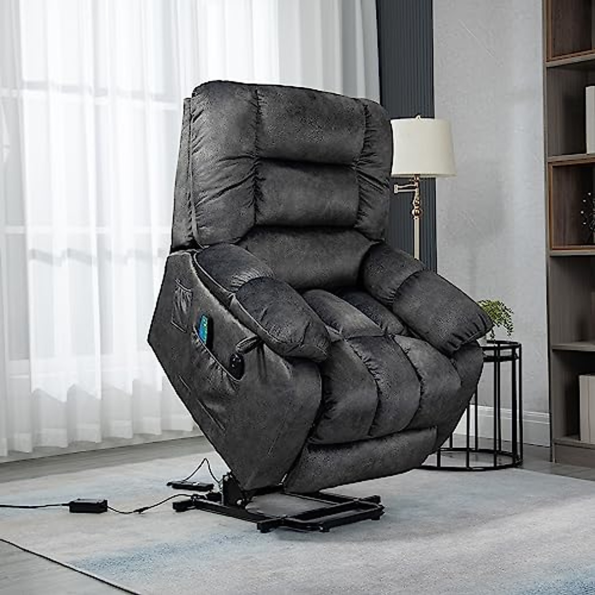 ERYE Electric Power Lift Recliner Chair Sofa for Elderly with Massage and Heat, 3 Positions Adjustable,2 Side Pockets Armchair, Charcoal Gray Microfiber Upholstery