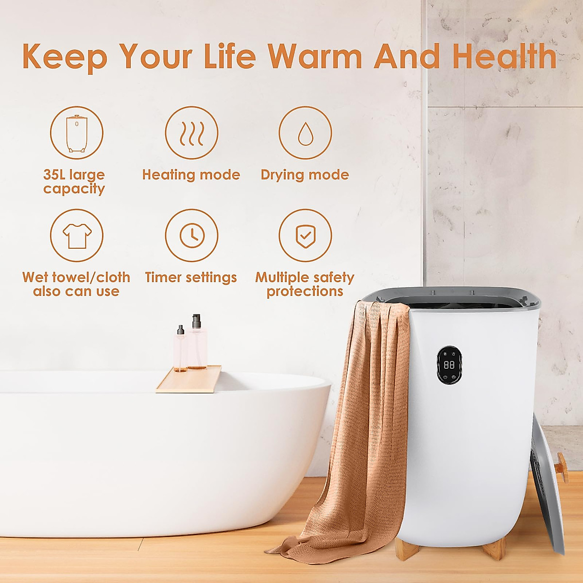 Bonrcea 2-in-1 Portable Clothes Dryer & Heated Towel Warmer, with 4000 RPM, Stainless Steel Interior, 35L Capacity, Timer Function, Ideal Valentine's Day Gift, White