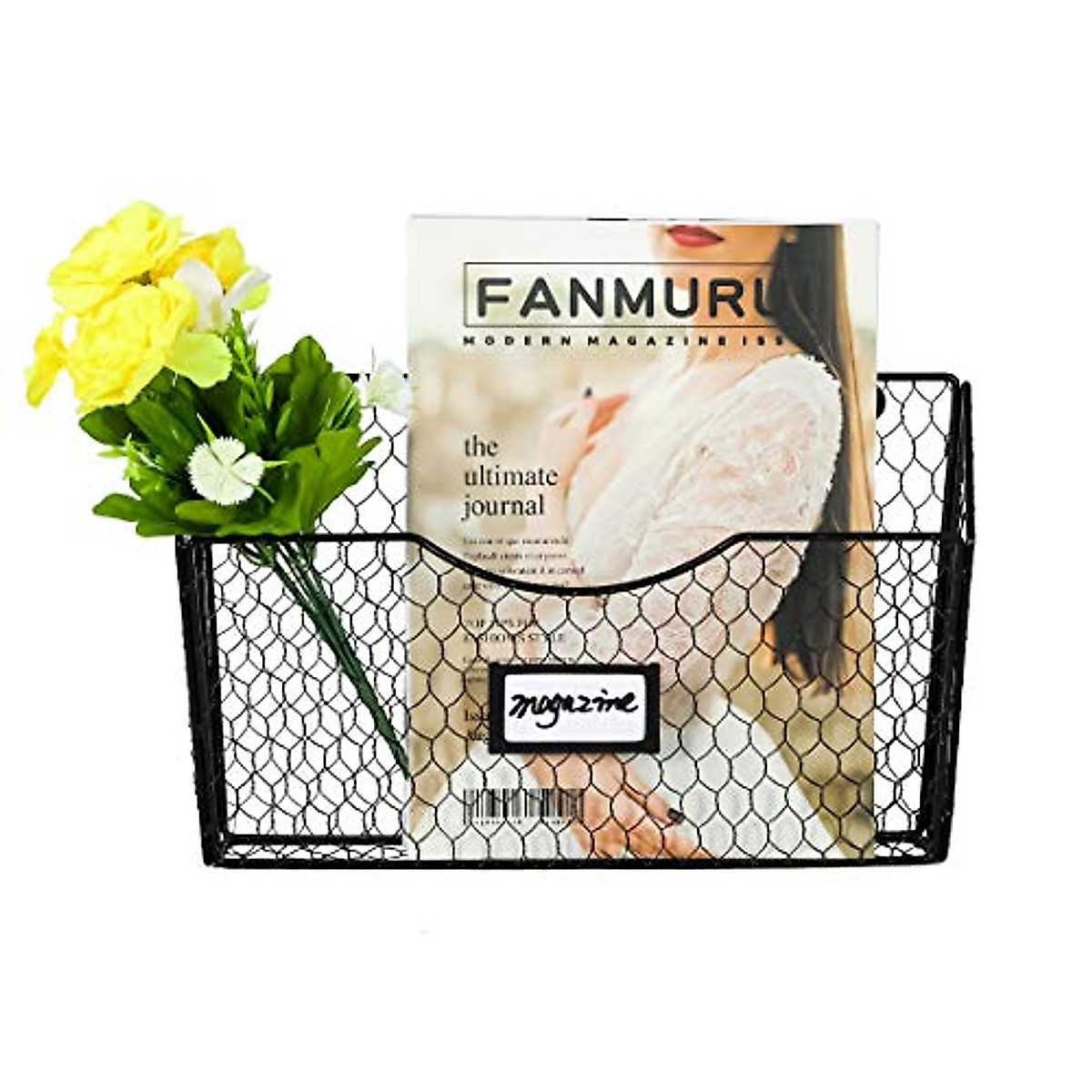 PAG 3 Pockets Hanging File Holder Wall Mount Mail Organizer Metal Chicken Wire Magazine Rack with Tag Slot, Black