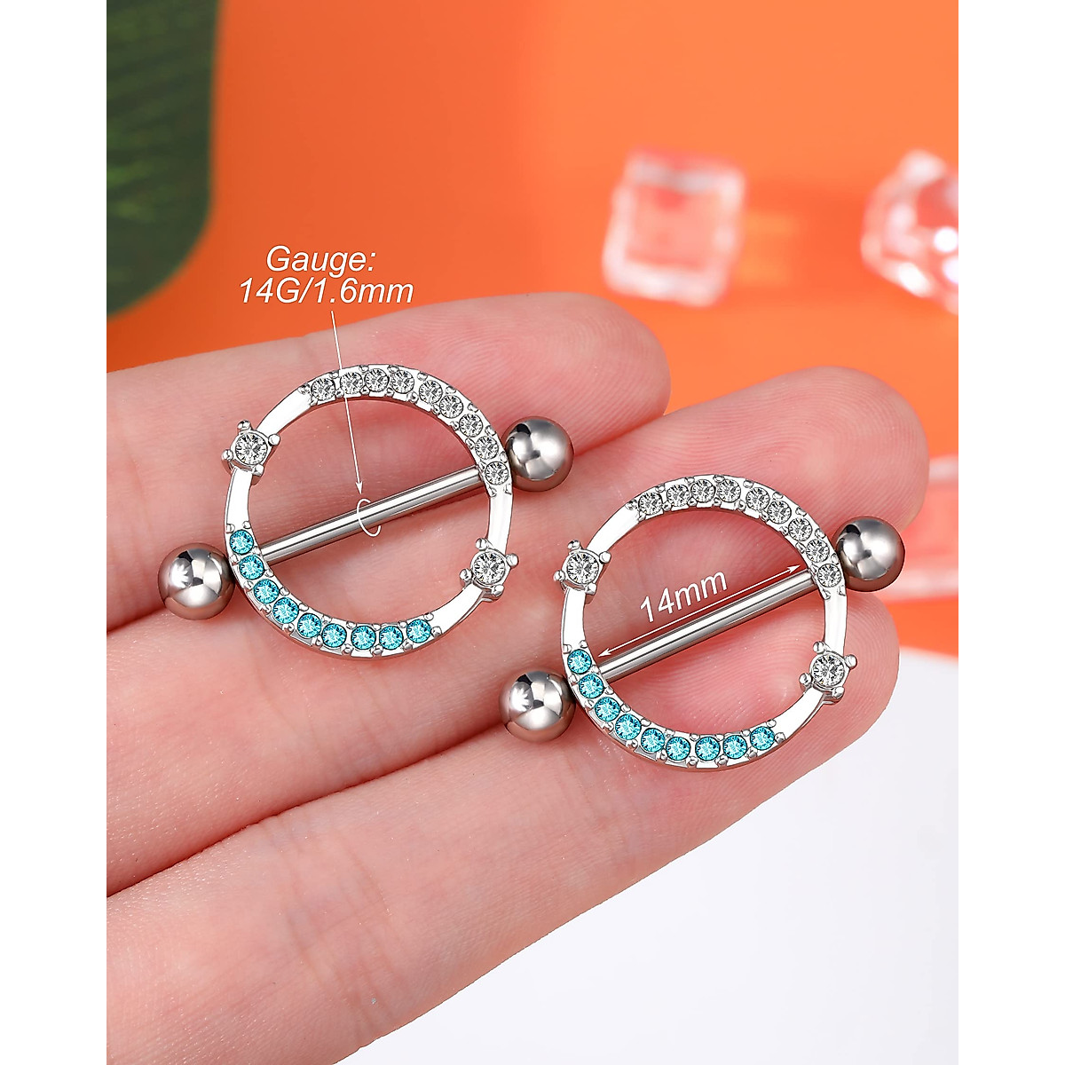 Melighting 14G Nipple Rings Shiny Stainless Steel 316L Clear Blue CZ Dainty Round Nipple Barbell Nipple Bars Body Piercing Jewelry for Women