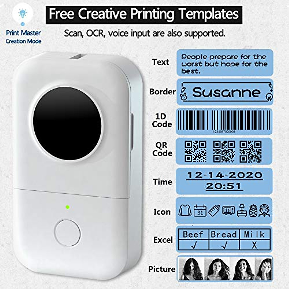 Memoking Label Maker Machine with Tape D30 Small Portable Inkless Handheld USB Label Printer for Clear Label, Document, Kitchen, Compatible with Smartphone and Tablet, with 12x40mm Label, White