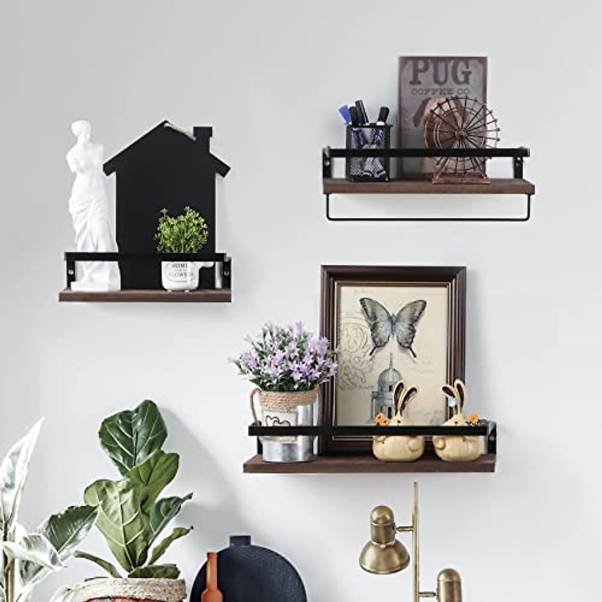 AOZITA 3 Set PRE-Assembled Floating Bathroom Shelves with 2 Towel Bars, Wall Mounted Storage Wood Shelf, Rustic Decor Accessories for Bathroom, Kitchen, Bedroom, Office, Over Toilet - Brown