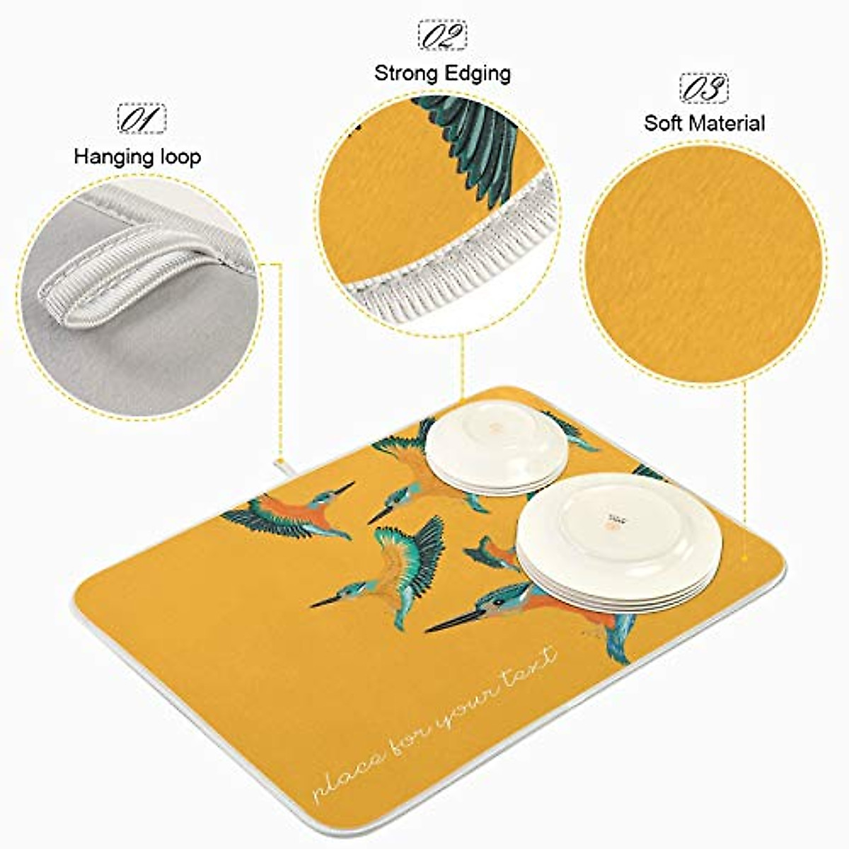 Animal Fly Bird Quote Dish Drying Mat 16"x18" Absorbent Machine Washable Hanging Fast Dry Pad Dish Protective Mat for Kitchen Countertop Heat Resistant Dinner Table Mat