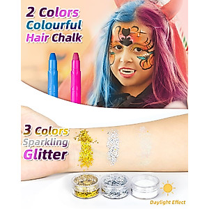 Fantastory Face Paint Kit 158pcs - 20 Colors with Glitters, Stencils, Hair Chalks, Tattoo Stickers, Brushes, Sponges & Guide - Professional Water-Based Body & Face Paint for Halloween, Suitable