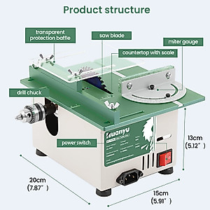 Huanyu Mini Table Saw 300W 1.14IN Cut Depth Portable Precision Hobby Table Saws Set for Wood Model DIY Crafts Woodworking 0-180° Angle Cutting Multifunctional 7-Level Speed Adjustable