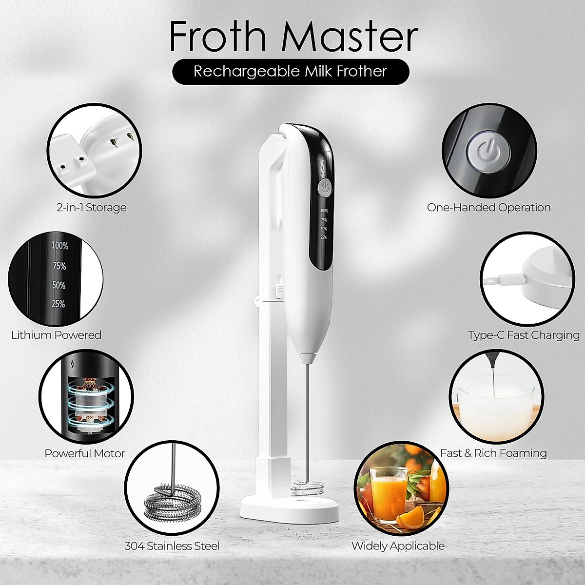 GOCHA Gadgets | Rechargeable Milk Frother Handheld with Stand | Electric Frother Mixer | Foamer for Coffee, Cappuccino, Latte, Matcha | 2 Speed Adjustable | Portable Type-C Wireless Charging | (White)