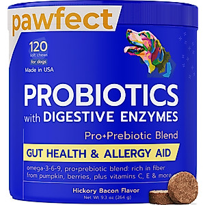PAWFECTCHEW Vet Approved Probiotics & Digestive Enzymes for Dogs | Gut Health & Digestive Function Support | Pumpkin & Omega | Diarrhea, Seasonal Allergies & Itching | Prebiotic Supplement Chew