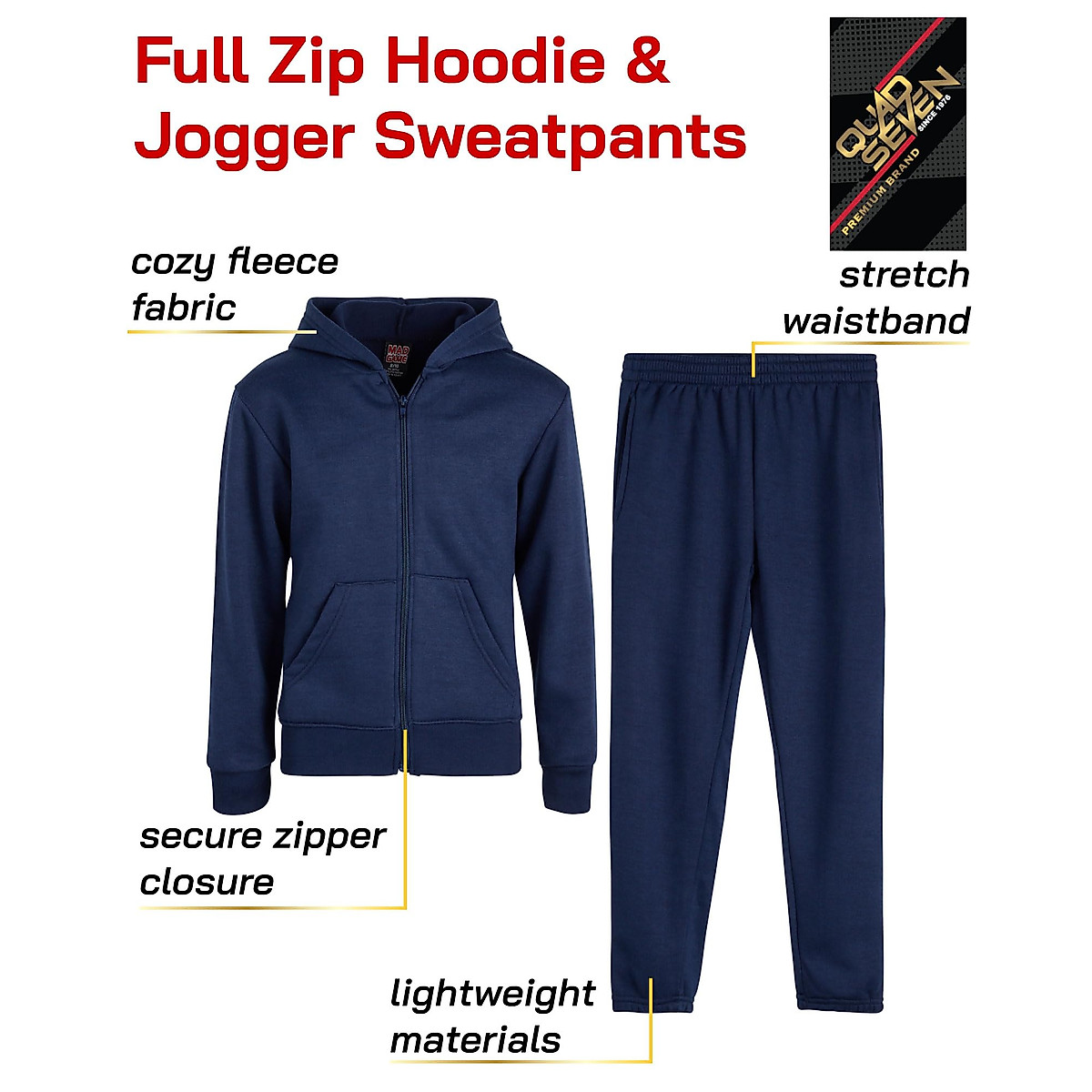 Quad Seven Boys' Fleece Jogger Set - 2 Piece Basic Solid Full Zip Hoodie and Sweatpants for Boys (Size: 8-18), Size 8-10, Navy