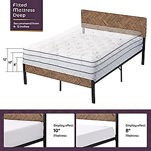 ANITA Queen Size Bed Frame with Wood Headboard, High Profile Platform Bed Frame 12.4 inch Storage Underneath / Metal Slat Support / Rustic Boho Style