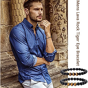 SAMOCO 12 Pcs Adjustable Lava Rock Stone Essential Oil Diffuser Bracelet Braided Elastic Rope Stone Yoga Beads Bracelets for Men Women