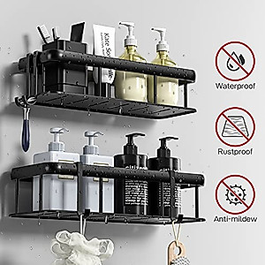 Midphorn 2-Pack Adhesive Shower Caddy, No Drilling Shower Shelf with Hooks Rustproof Wall Mounted Shower Organizer for Inside Shower Bathroom Storage Shampoo Holder, Matte Black