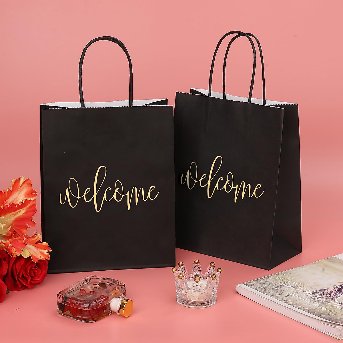 DjinnGlory 50 Pack Medium Black Welcome Paper Gift Bags with Handles and 50-Sheet White Tissue Paper for Wedding Hotel Guests Engagement Bridal Shower Birthday Party Favors (10''x8''x4'')