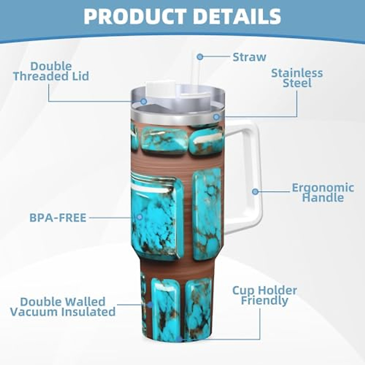 HULIBIN Bright Aqua Blue Turquoise Print Double Deck Stainless Steel Travel Coffee Cup With Lid 40 Oz Ice Bully Cup