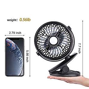 AJOYEUX Battery Operated Clip on Fan, Portable Rechargeable USB Personal Fan 3 In 1 with hook and LED for camping, stroller, car seat, office
