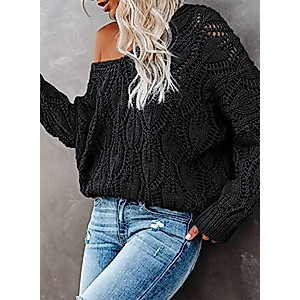 AlvaQ Womens Crochet Sweaters Cute V Neck Long Sleeve Hollow Out Cable Ribbed Knit Pullover Jumper Tops Fall Fashion 2023 Black Large