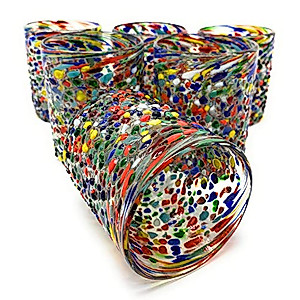 Hand Blown Mexican Drinking Glasses – Set of 6 Confetti Rock Tumbler Glasses (10 oz each)