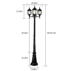 PARTPHONER Outdoor Lamp Post Light 3-Head, Classic Black Light Pole with Clear Glass Panels, E26 Base Maximum 100W (3 LED Bulbs Included), Waterproof Street Light for Backyard, Garden, Driveway