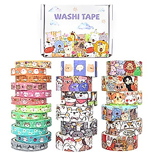 WAPETASHI Cute Washi Tape Set - 24 Rolls Kawaii Animals Gold Foil Decorative Masking Tape for Journaling, Scrapbooking, Kids DIY Crafts, Gift Wrapping, Aesthetic Supplies, Planners, Bullet Journal