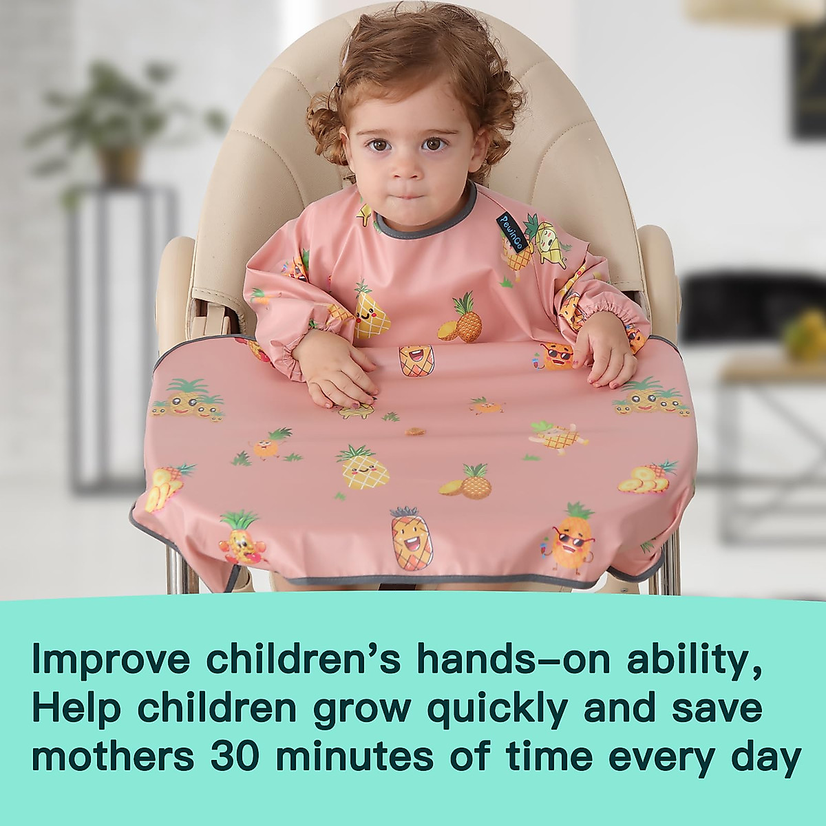 PewinGo Weaning Bib & BLW Attaches and Fully Cover to Baby Highchair, Long Sleeves Bib with Waterproof, Machine Washable & Comfortable,Easy to Clean, Suitable for Baby Infant-Pink