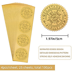 CRASPIRE 2 Inch Certificate Seals Gold Foil Outstranding Excellence 100pcs Self Adhesive Embossed Seals Gold Stickers Medal Decoration Labels for Envelopes Diplomas Certificates Awards Graduation
