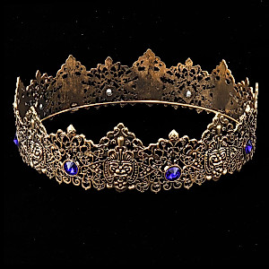 King Men Tiara Crown Imperial Medieval Headband Crystal Pageant Costumes For Birthday Party Prom Halloween Hair Accessories (Dark Gold With Blue Stone)