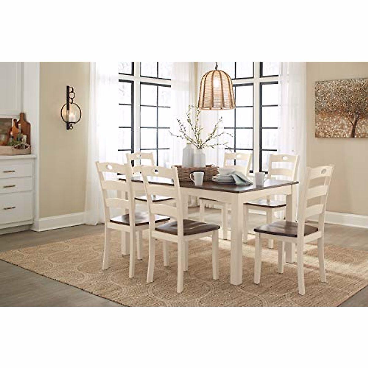Signature Design by Ashley Woodanville 7 Piece Dining Room Set, Includes Table & 6 Chairs, Cream & Brown