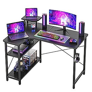 BANTI 43 Inch Corner Computer Desk with Left Storage Shelves, Small L Shaped Office Desk with Top Shelf, Study Writing Table, Black