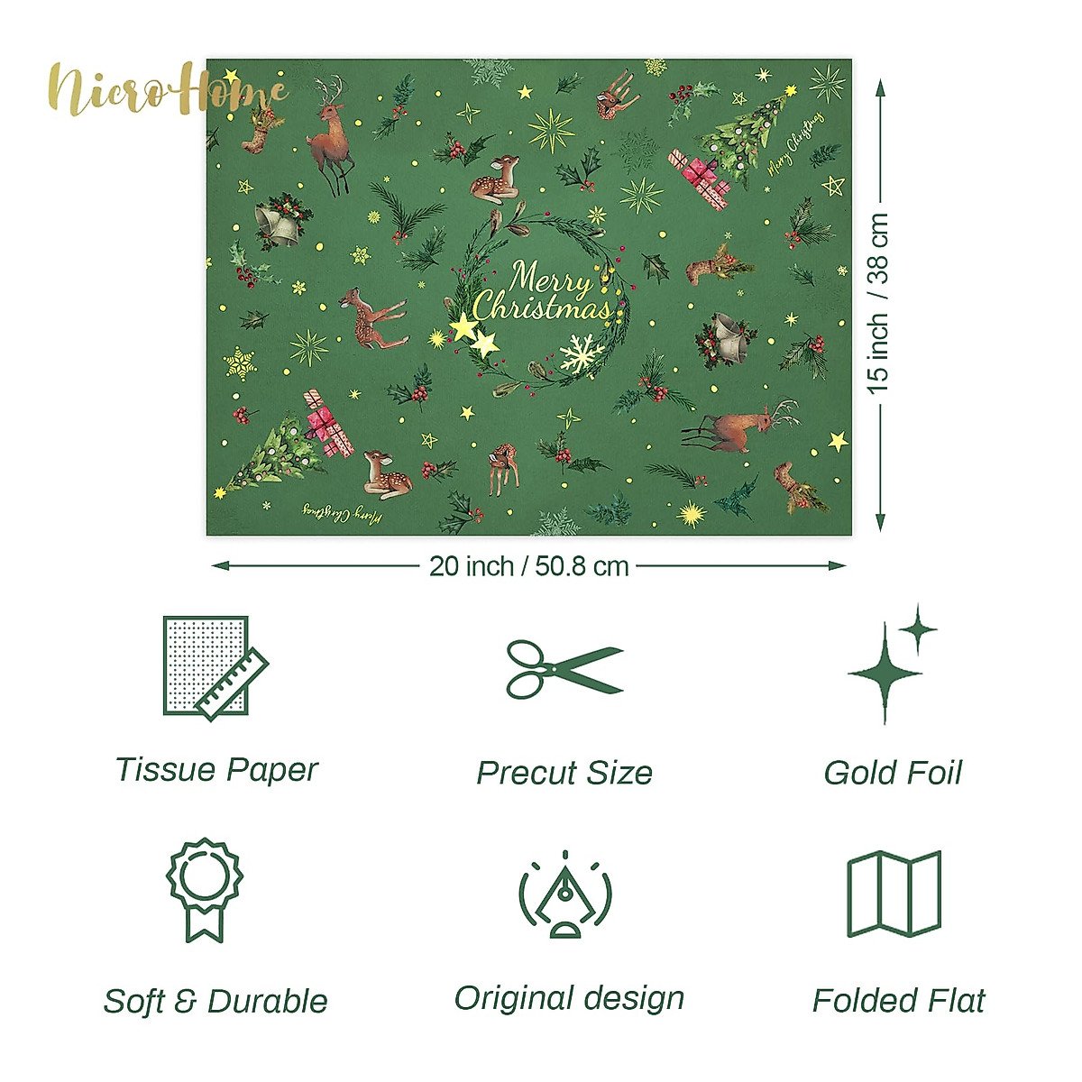 NICROHOME 24 Sheets Christmas Tissue Paper, Dark Green Pink Vintage Snowflake Wrapping Paper Set Bundle for Holiday Christmas Gift Bags Wrapping (20 x 15Inch)