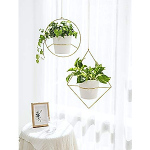 Mkono Boho Metal Hanging Planter with Plastic Pots, Set of 2 , Modern Mid Century Flower Pot Plant Holder in Diamond and Circle Shape, Fits 6 Inch , Gold