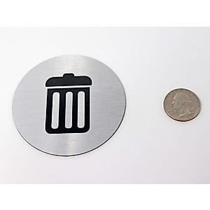 Metal Trash Signs | 3" Garbage Bin Marker | Metal Sign for Waste Basket | Brushed Silver Aluminum Sign with Black Trash Symbol | Ready to Hang | Made in USA