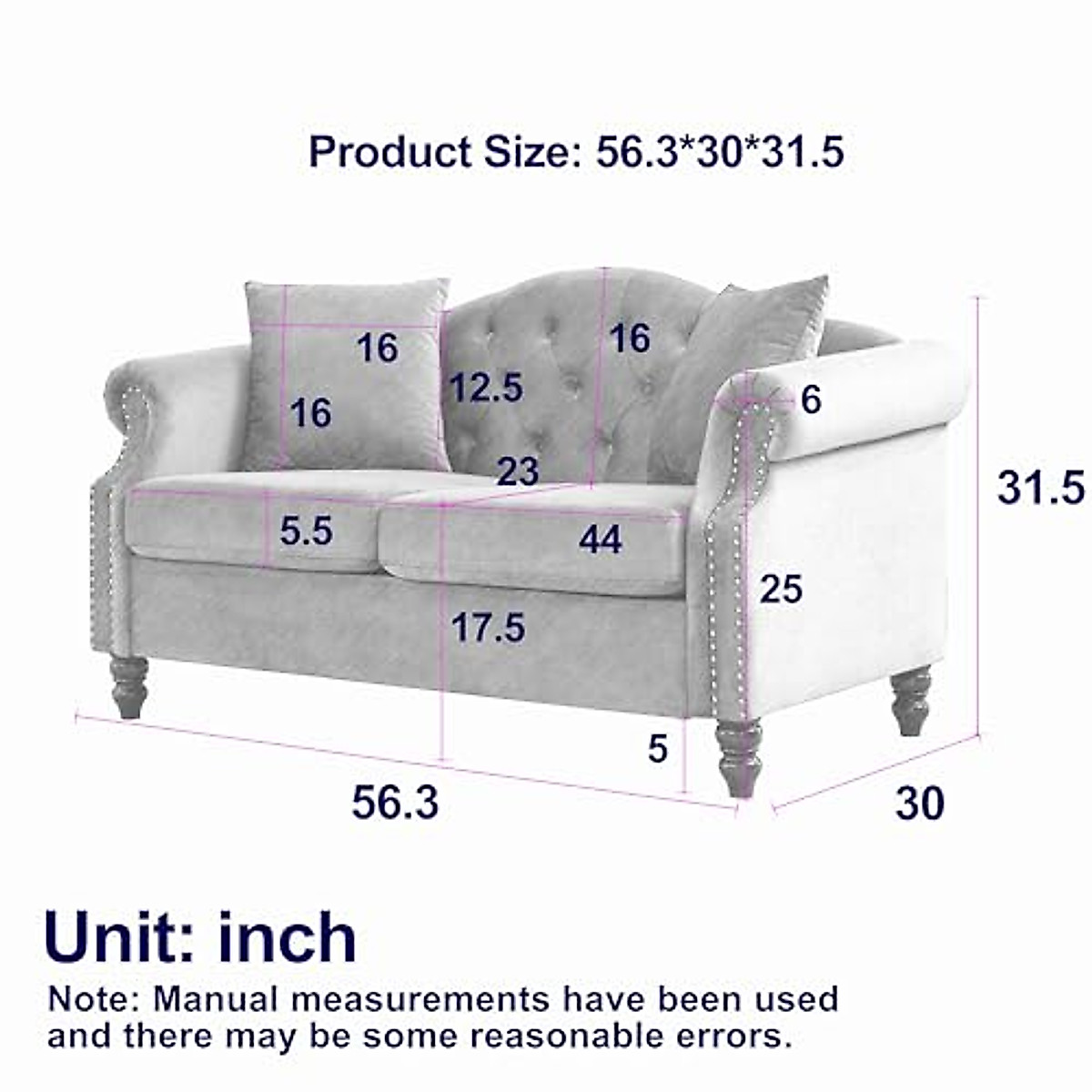 57" Chesterfield Sofa with 2 Pillows,2 Seater Sofa Tufted Couch with Rolled Arms and Nailhead for Living Room, Bedroom, Office, Apartment(Grey)