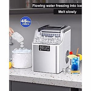 Kndko Ice Cube Maker Machine Countertop, 2 Ways to Add Water, 45Lbs/Day, 24 Pcs Ready in 13 Mins, 2.6 lbs Capacity, Ice Makers Countertop with 24H Timer for Home Bar RV,Stainless Steel Ice Maker