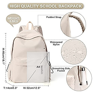 PAUBACK Beige School Backpack for Girls Water Resistant High School Book Bag Simple Backpack for Teens Boys Girls, Lightweight Simple Middle School Back Pack Daypack