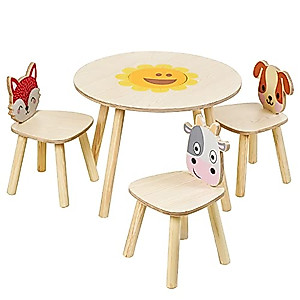 Xylolin Wooden Kids Table and Chairs Set, 4 Pieces Play Table with Animal Themed Chairs for Toddlers Drawing Reading Arts Crafts Snack Time, Boys Girls Playroom School Home Daycare