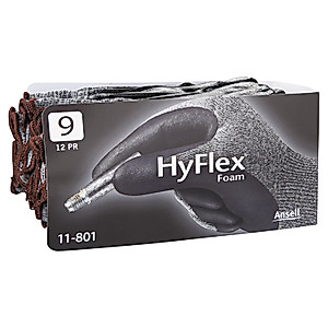 Ansell 11-801-9 HyFlex Foam Gray Gloves, Size 9, Black/Gray (Pack of 12)