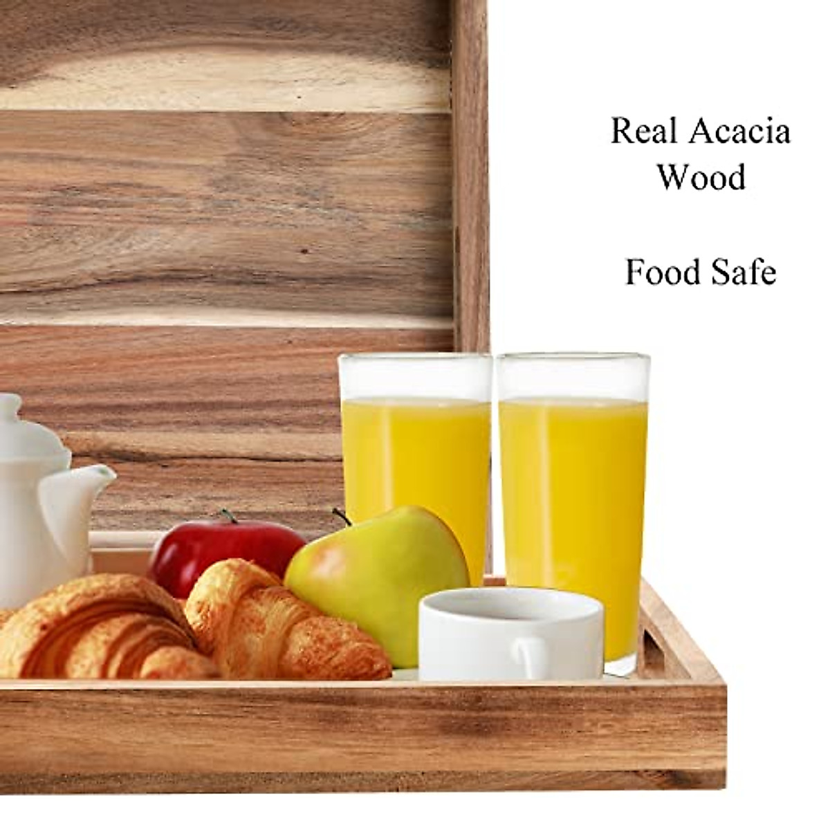 YOUEON Set of 2 Acacia Wood Serving Tray with Handles, 17x11.8x1.5 Inch Decorative Serving Trays, Ottoman Tray, Coffee Table Tray, Rectangle Wood Tray for Food, Breakfast, Lunch, Dinner, Appetizer