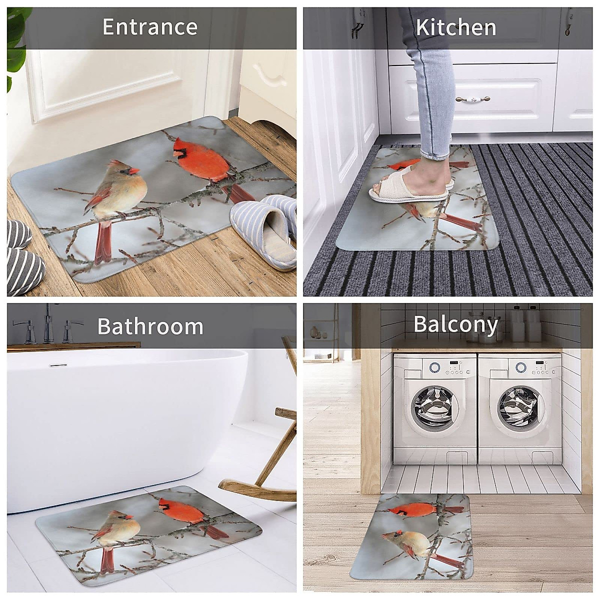 Bath Rugs Cute Cardinal Birds Standing on Branches Door Mat Outdoor Winter Birds Natural Design Doormat Non Slip Absorbent Bathroom Rug Carpet for Home Entrance Kitchen 16x24in