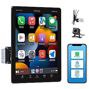 Roinvou Single Din Car Stereo Radio 9.5'' Movable Vertical Touch Screen with Carplay Android Auto Bluetooth FM Radio Mirror Link Backup Camera Support Video Playback SWC DVR USB AUX TF
