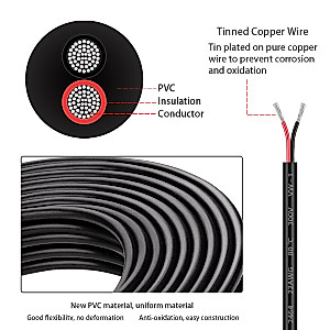 22 Gauge 2 Conductor Electrical Wire, 65.6ft 2pin Conductor Solid Core Wire, 22 AWG Insulated Stranded Hookup Wire, Flexible Extension Electrical Cord for LED Strip, Auto, 12/24 Volt Lighting