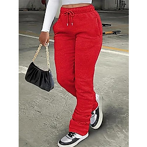 Clearance Women 6 Pockets High Waisted Cargo Pants Wide Leg Casual Pants Combat Military Trouser Red