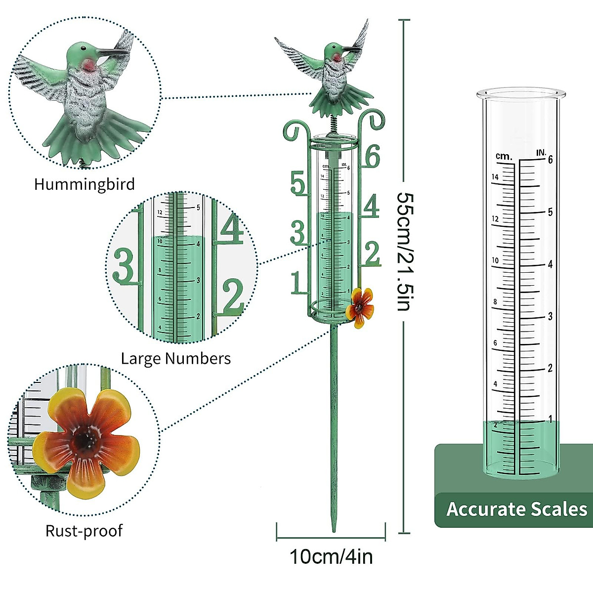 APSOONSELL Rain Gauge Outdoor - 6" Capacity Rain Gauges with Metal Stake, Green Rain Gauge Large Numbers Easy to Read for Garden Yard Lawn Decoration