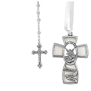 WHITE GUARDIAN ANGEL CRIB MEDAL & ROSARY SET BABY INFANT GIRLS BOYS CHILDRENS CHRISTENING BAPTISM