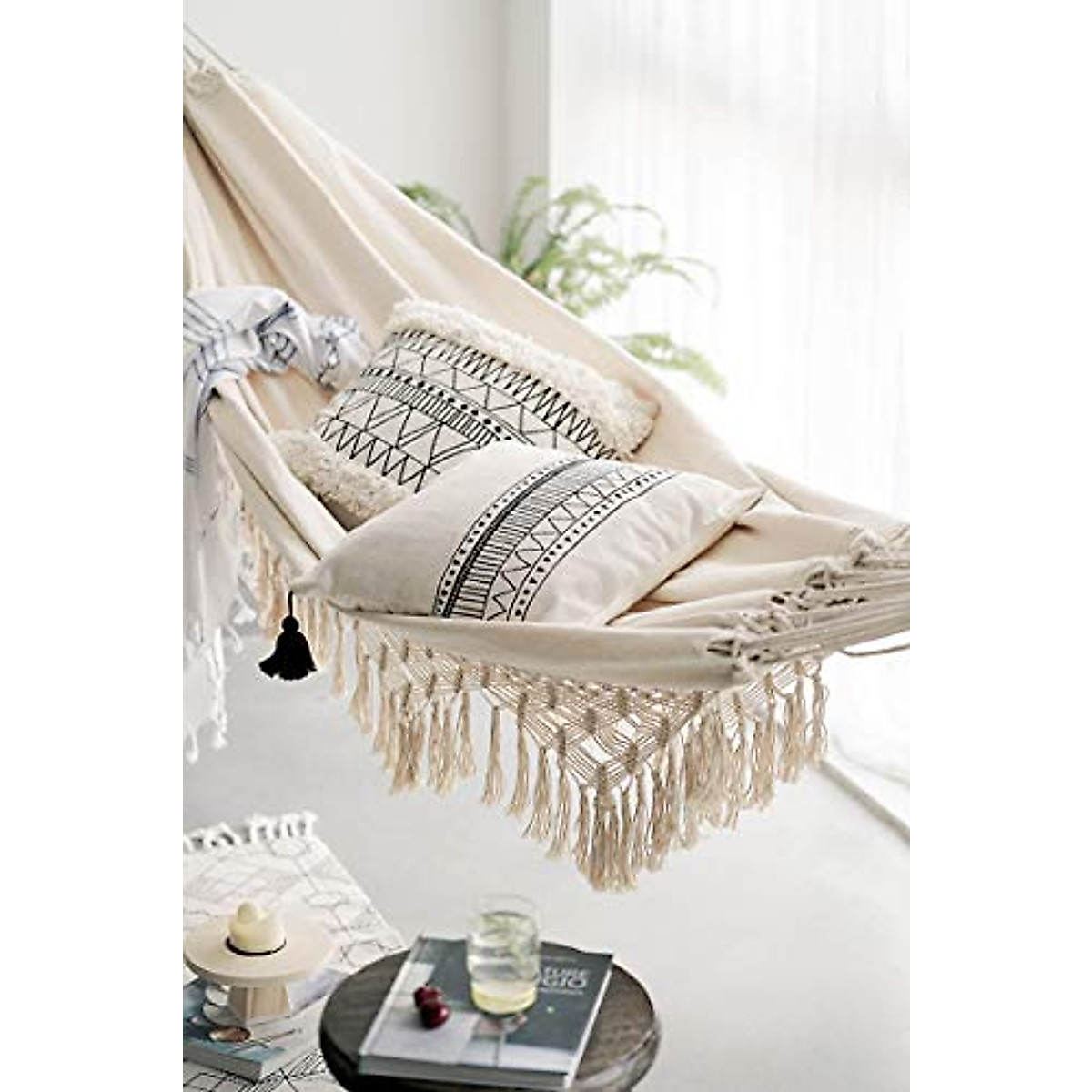 RISEON Handmade Boho Large Brazilian Macrame Fringe 2 Person Double Deluxe Hammock Swing Net Chair for Beach, Yard, Bedroom, Patio, Porch, Indoor, Outdoor, Wedding Decor 95" Lx 59" W