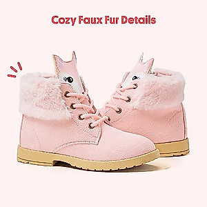 FabKids Girls Deer Cute Ankle Boots Fuzzy Non-Slip Chelsea Short Boots for Little Kid Pink Size 11