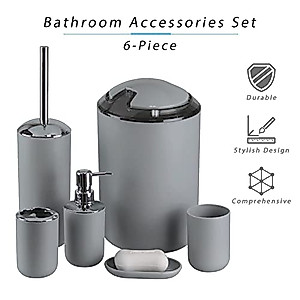 IMAVO Bathroom Accessories Set, 6-Piece Plastic Gift Set, Toothbrush Holder, Toothbrush Cup, Soap Dispenser, Soap Dish, Toilet Brush Holder, Trash Can (Grey)