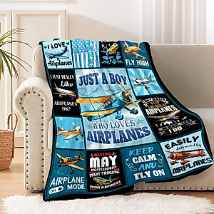 MYSTCOVER Airplane Blanket for Kids Adults Just A Boy Who Loves Planes Blanket Warm Plush Fleece Planes Throw for Bed Sofa Office Decor Boy Birthday Gifts Ideas 50"x60"-M