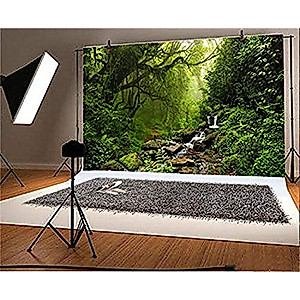 LFEEY 10x8ft Graceful Natural Scenery Backdrop Evergreen Forest Jungle Rock Flowing Mountain Stream Rainforest Photography Background Birthday Party Events Photo Studio Props