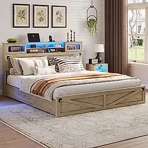 Hasuit Farmhouse Bed Frame King Size with Bookcase Headboard and 2 Drawers, Wooden Platform King Bed with LED Lights and Charging Station, Rustic Accent Headboard with Sliding Door, Rustic Brown