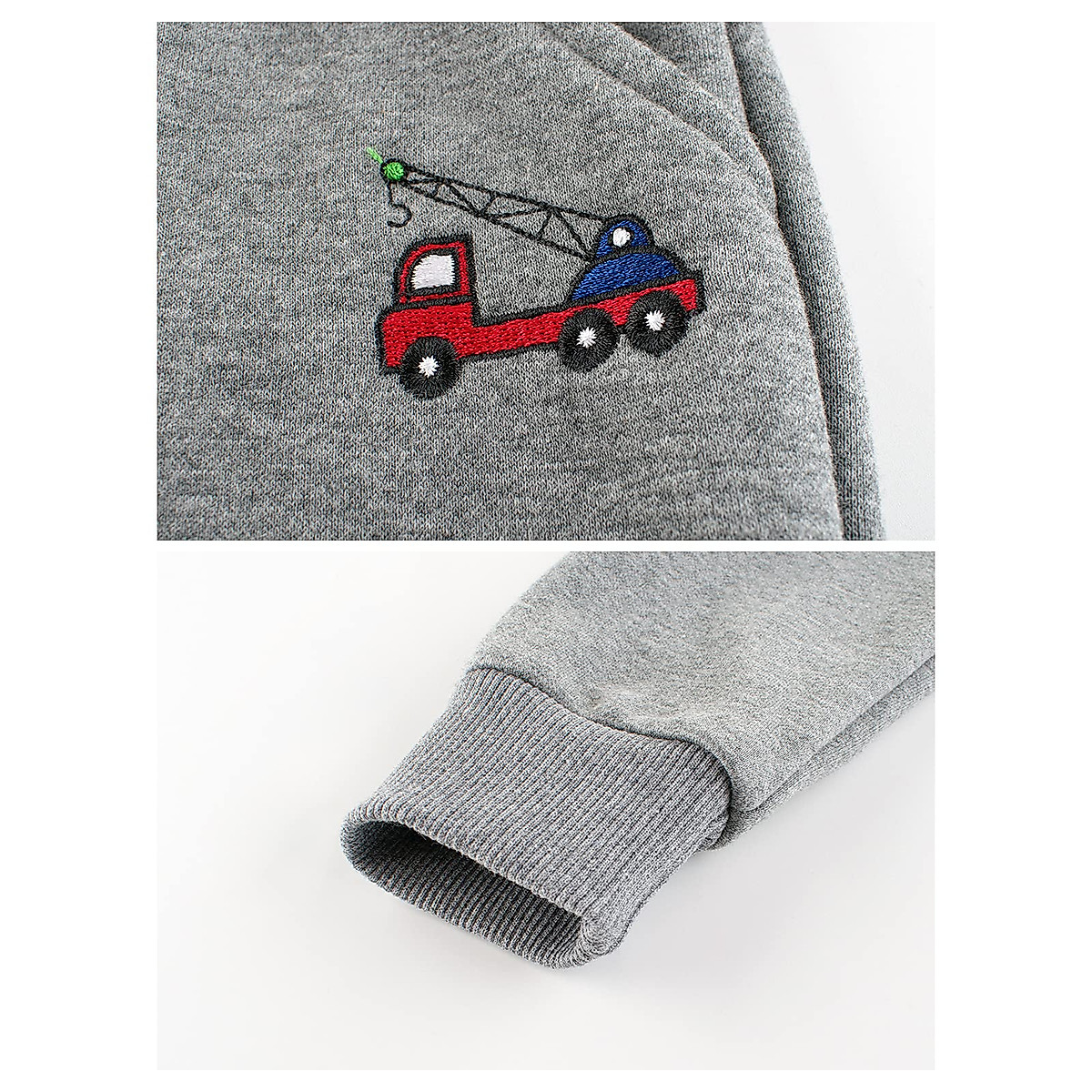 GFQLONG Toddler Boys 2 Pack Fleece Excavator Jogger Sweatpants,Baby Cartoon Winter Warm Pocket Lounging Bottoms,Black+Grey 2-3T